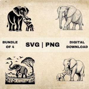 Elephant SVG Bundle, Elephant Clipart, Hand Drawn Elephant Mom and Baby ...