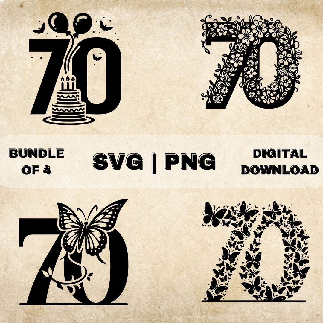 Number 70 SVG Bundle, 70th Birthday Clipart, Hand Drawn Seventy Themed ...