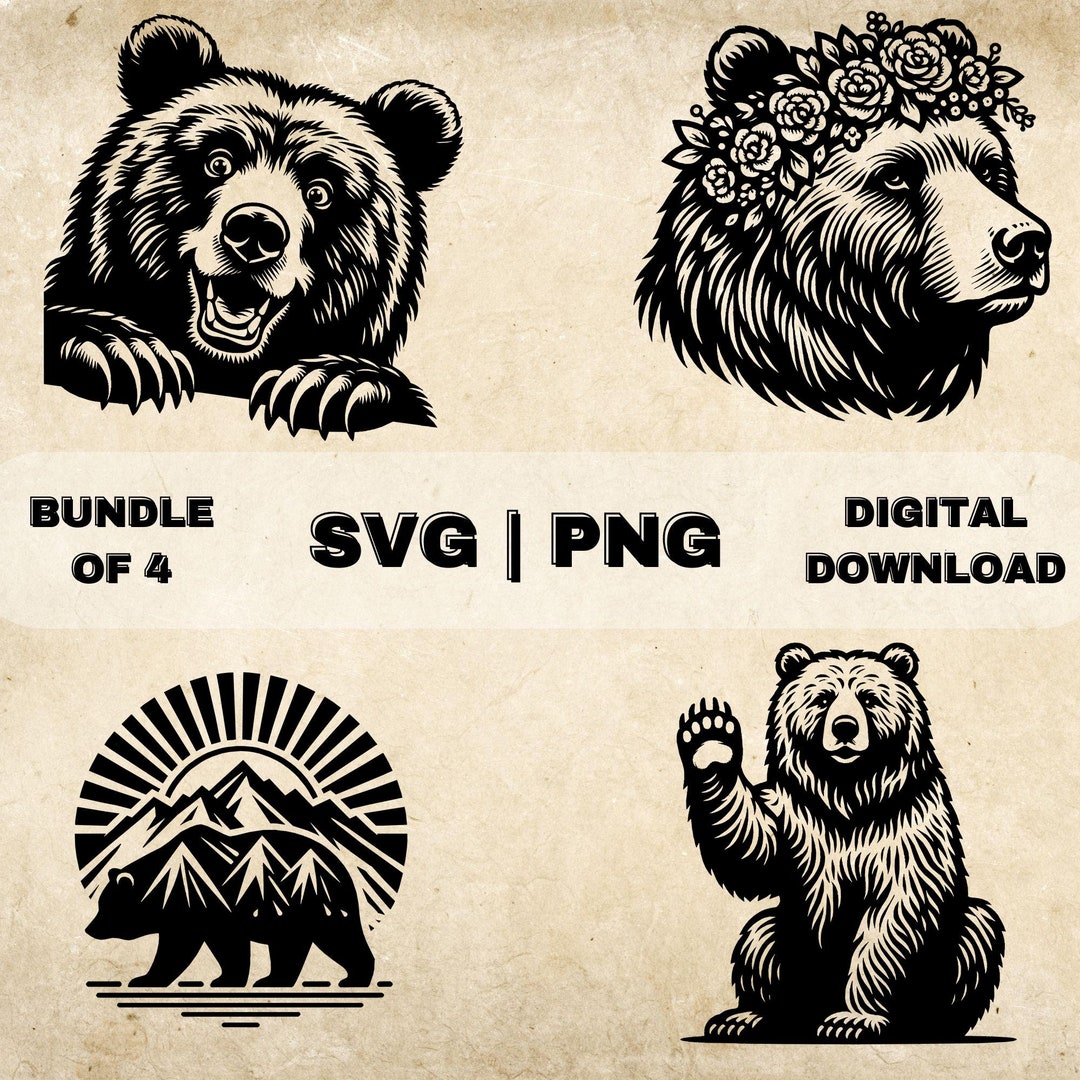 Grizzly Bear SVG Bundle, Bear Clipart, Hand Drawn Grizzly Theme Vector Illustration, SVG Files ...