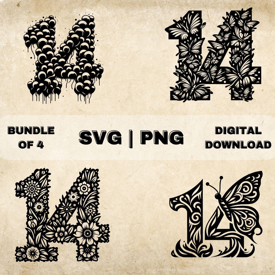 Number 14 SVG Bundle, 14th Birthday Clipart, Hand Drawn Fourteen Themed ...