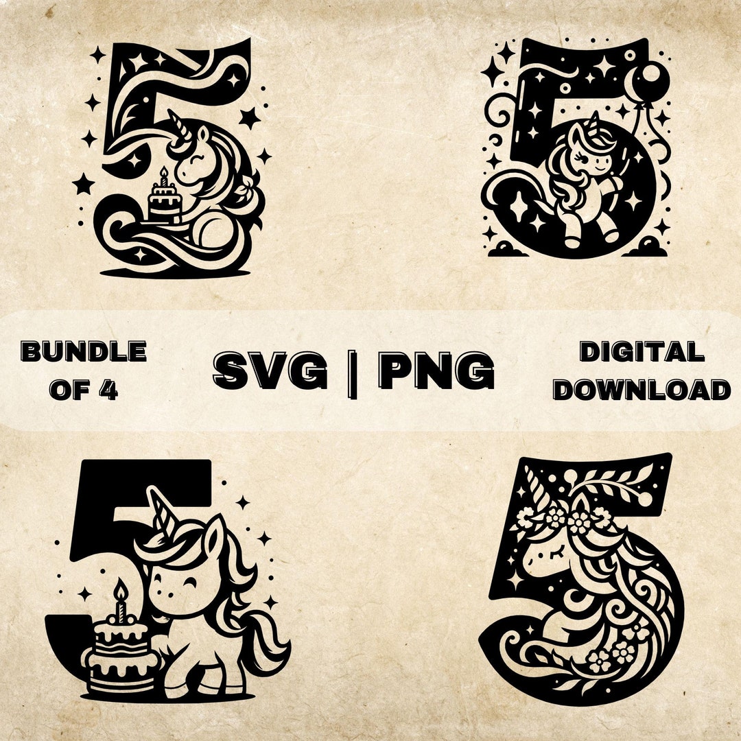Unicorn 5th Birthday SVG Bundle, Fifth Birthday Clipart, Hand Drawn ...