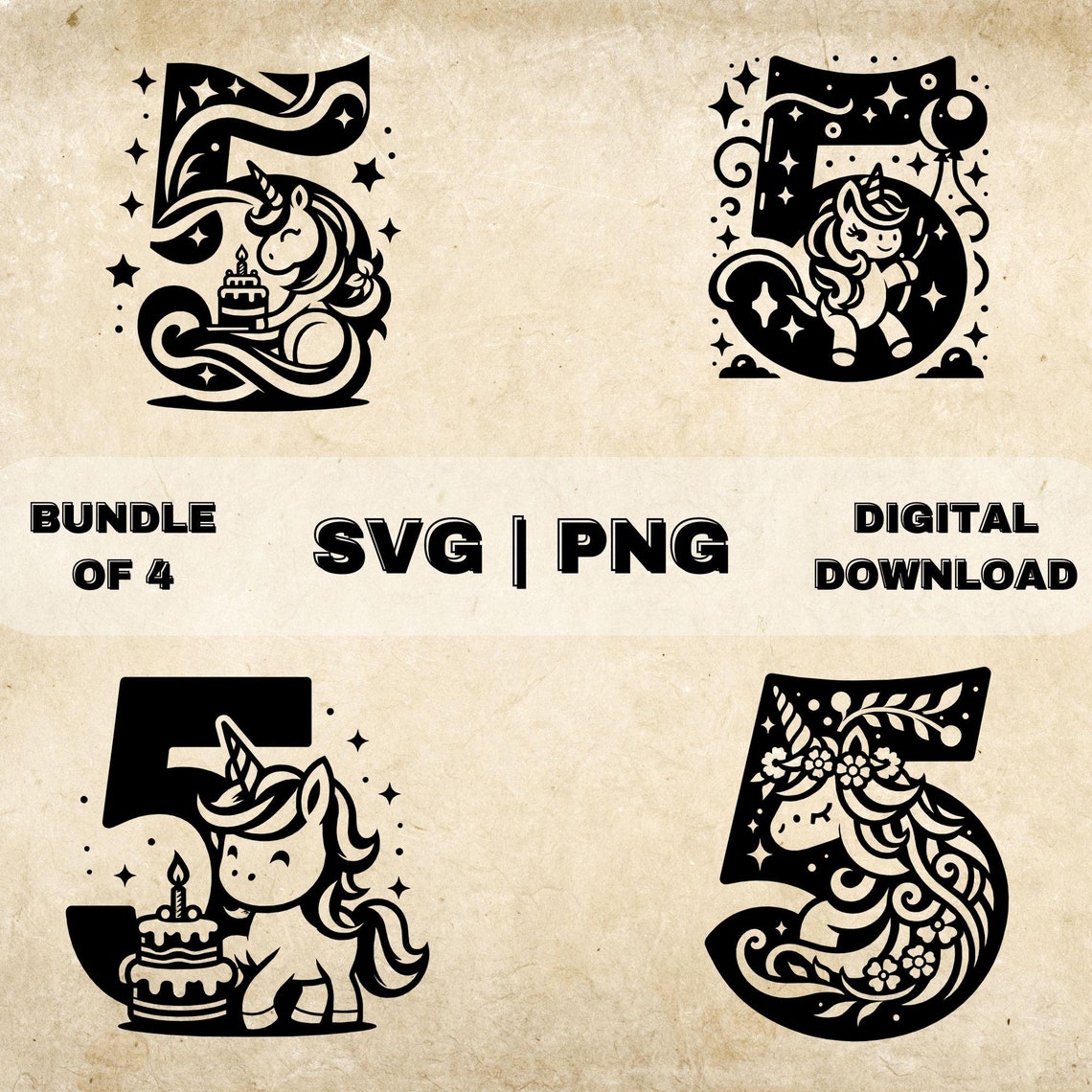 Unicorn 5th Birthday SVG Bundle, Fifth Birthday Clipart, Hand Drawn ...