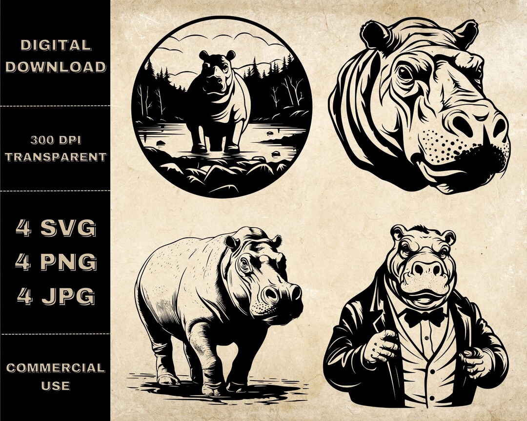Hippopotamus SVG Bundle, PNG, Hippo Clipart, Hand Drawn Hippopotamus ...