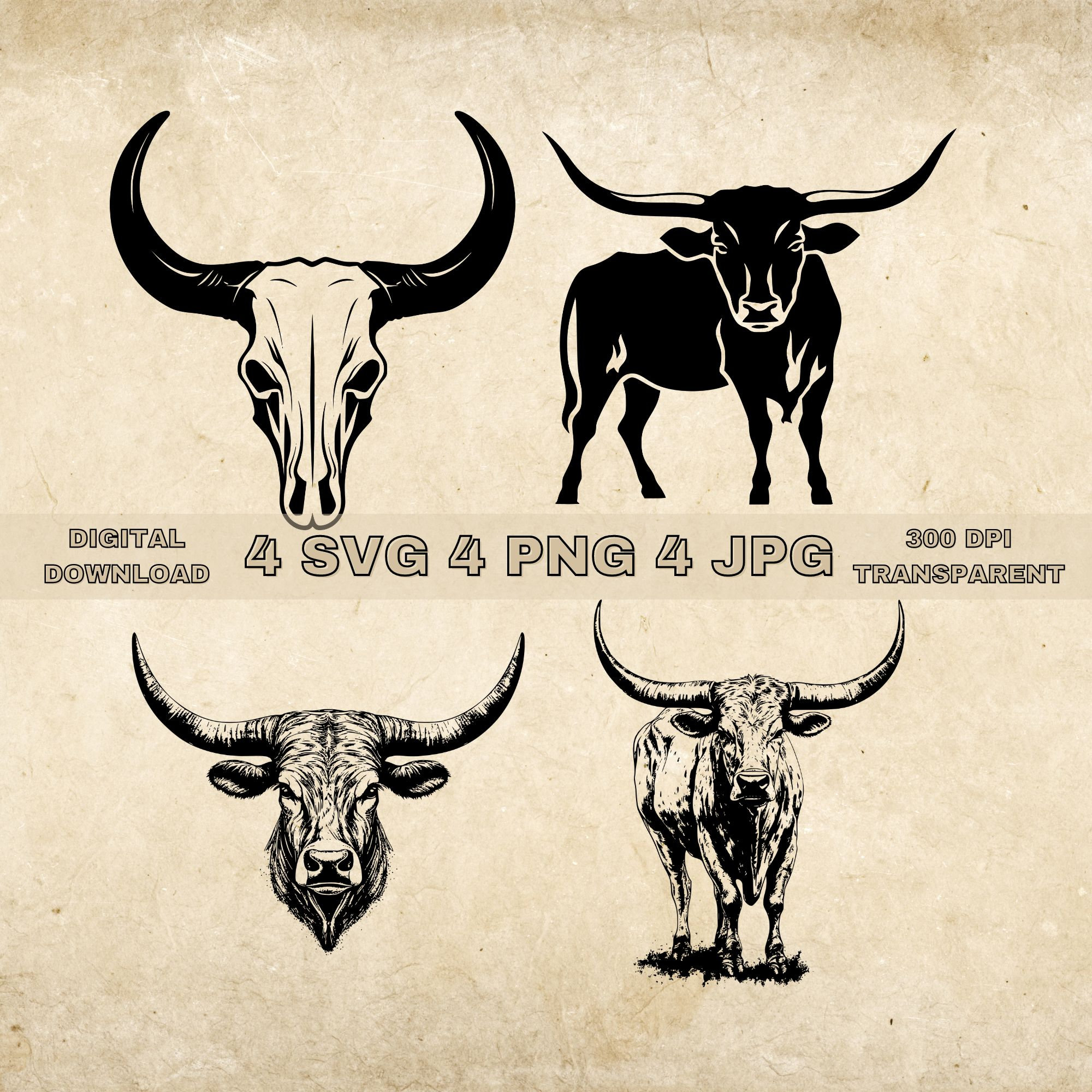 Longhorn SVG Bundle, PNG, Longhorn Clipart, Hand Drawn Longhorn Vector ...