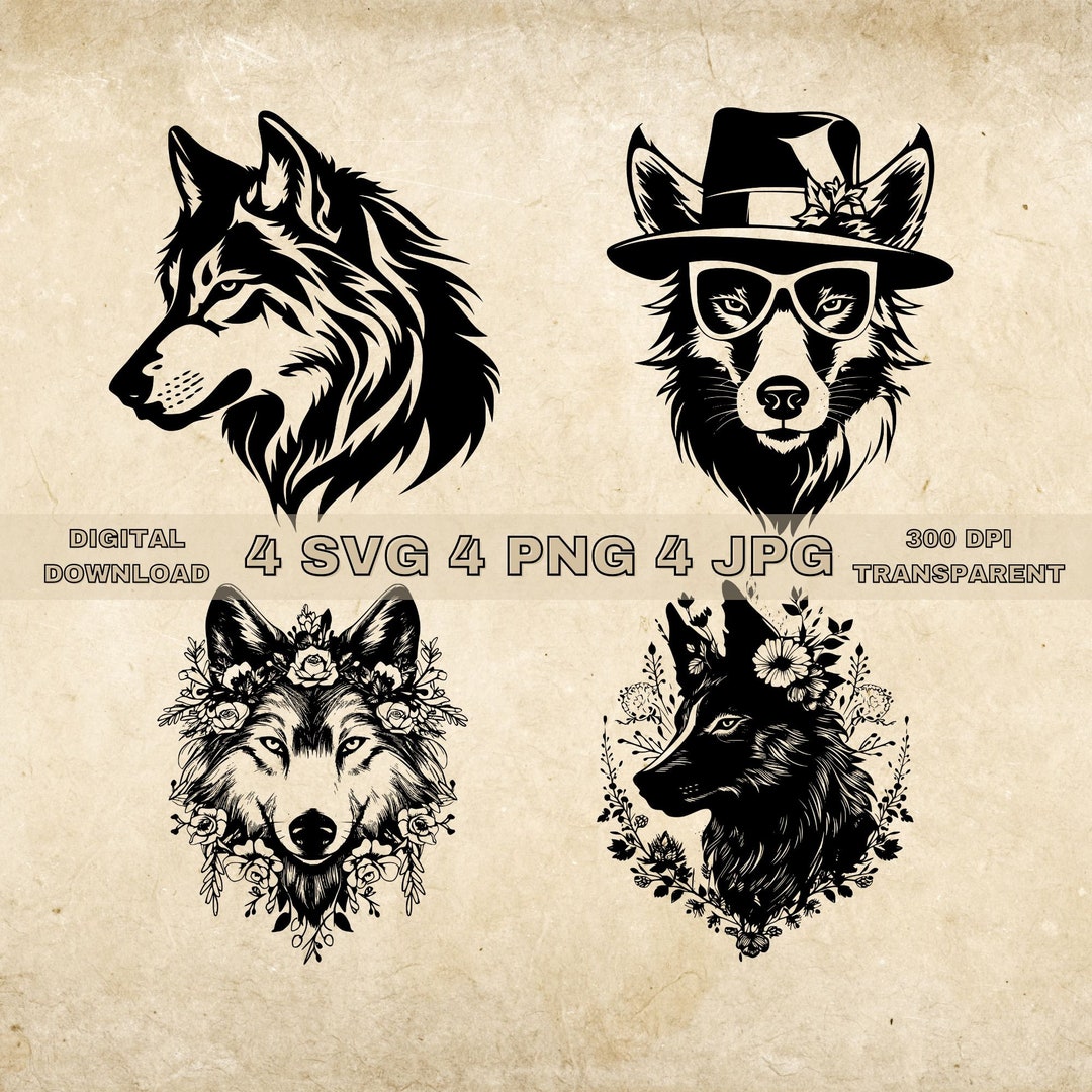 Wolf SVG Bundle, PNG, Wolf With Flowers Clipart, Hand Drawn Wolves ...