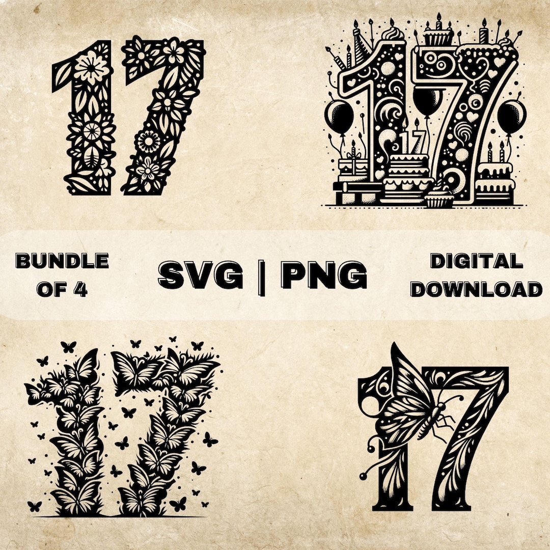 Number 17 SVG Bundle, 17th Birthday Clipart, Hand Drawn Seventeen ...