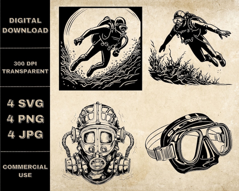 Diving SVG Bundle, PNG, Scuba Diver Clipart, Hand Drawn Diving Helmet ...