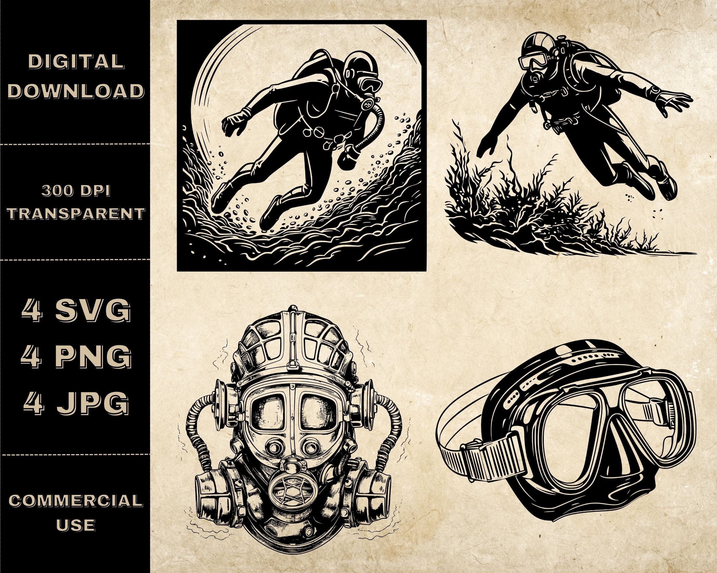 Diving SVG Bundle, PNG, Scuba Diver Clipart, Hand Drawn Diving Helmet ...