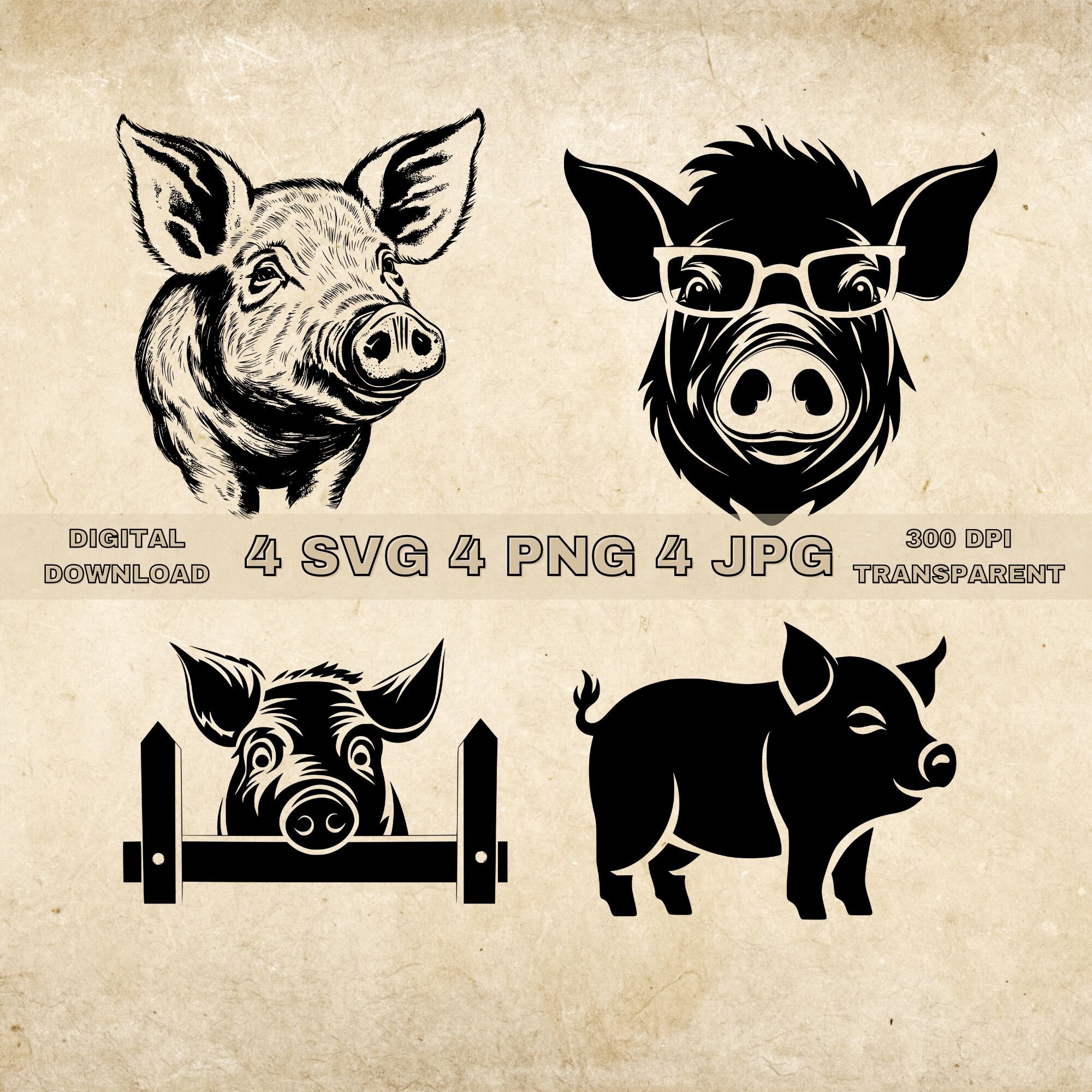 Pig SVG Bundle, PNG, Cute Pig Clipart, Hand Drawn Pigs Vector ...