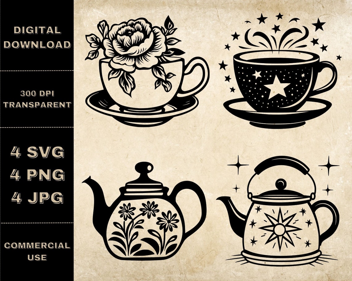 Tea SVG Bundle PNG Floral Teapot Clipart Hand Drawn - Etsy