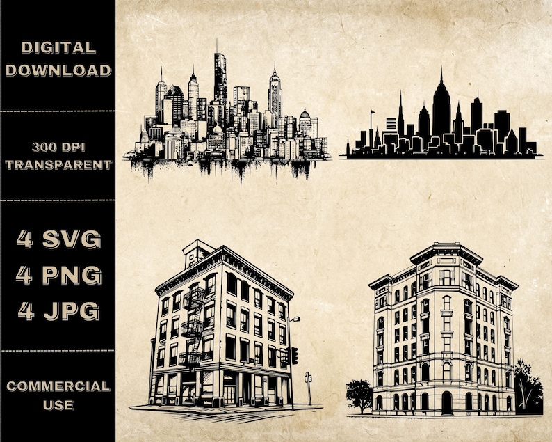 Building SVG Bundle, PNG, City Skyline Clipart, Hand Drawn Buildings ...
