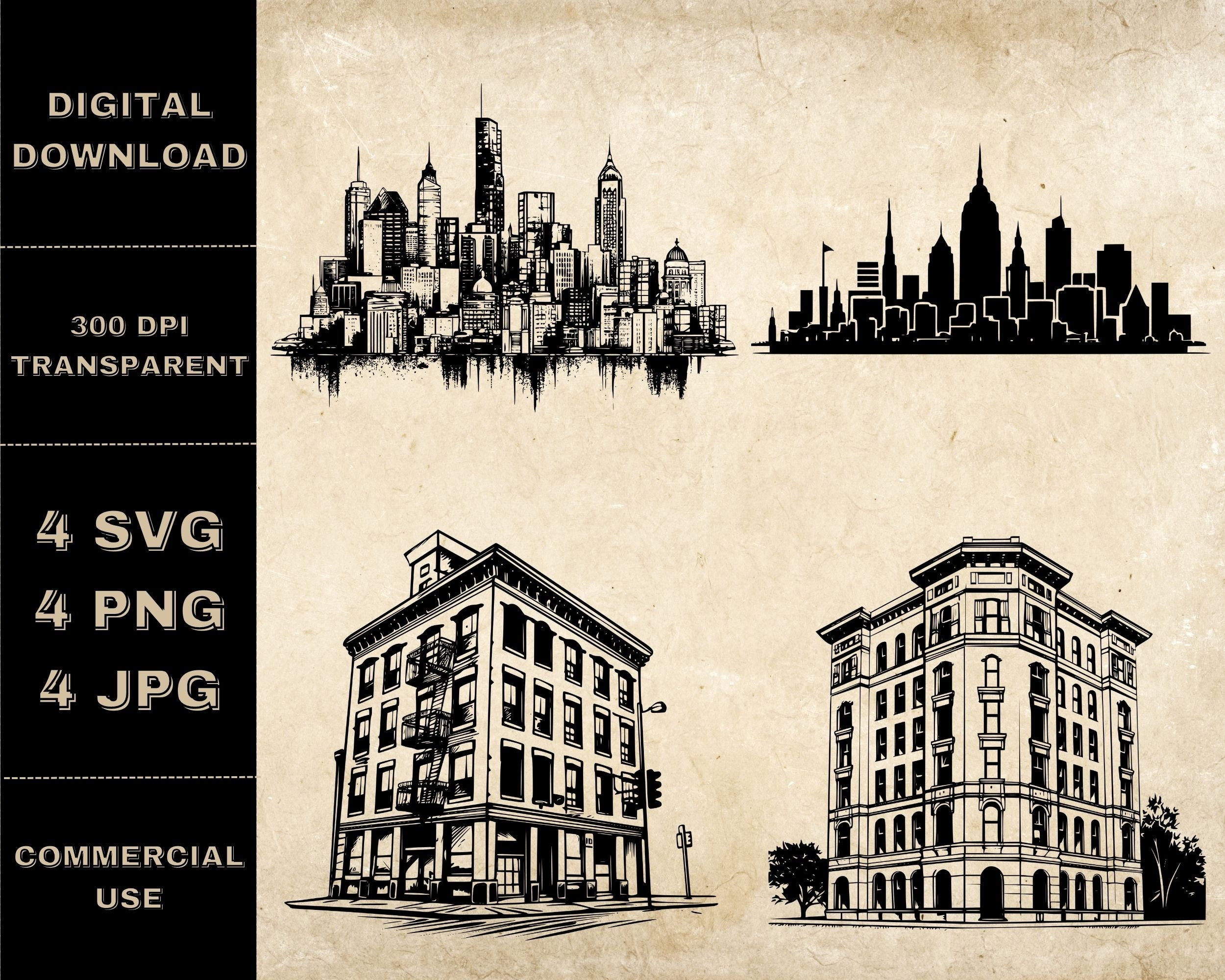 Building SVG Bundle, PNG, City Skyline Clipart, Hand Drawn Buildings ...