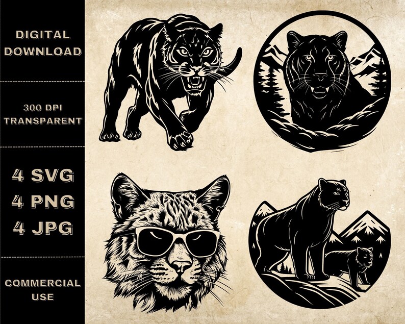 Wild Animal SVG Bundle, PNG, Wildlife Scene Clipart, Hand Drawn Panther ...