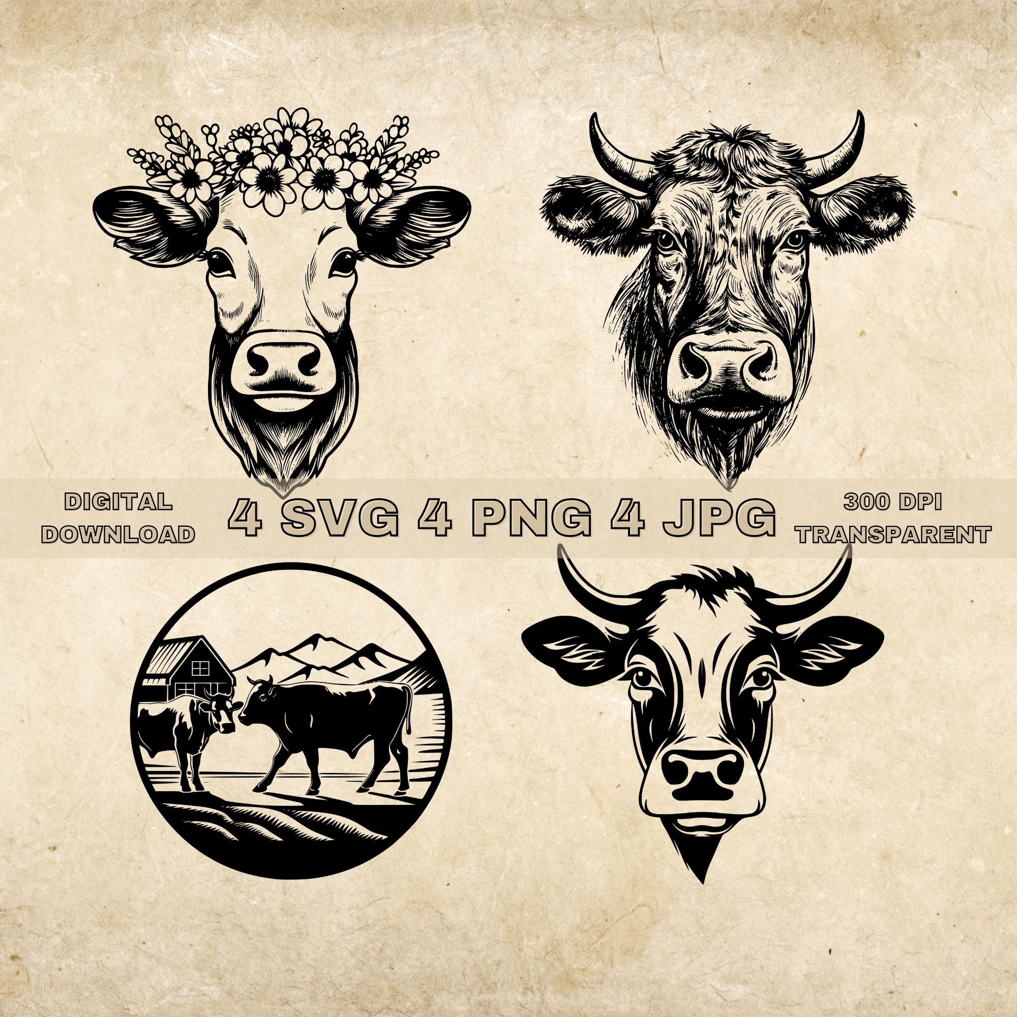 Cow SVG Bundle, PNG, Farmhouse Clipart, Hand Drawn Cows Vector ...