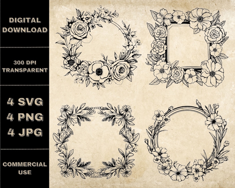 Floral Frame SVG Bundle, PNG, Flower Frame Clipart, Hand Drawn Flowers ...