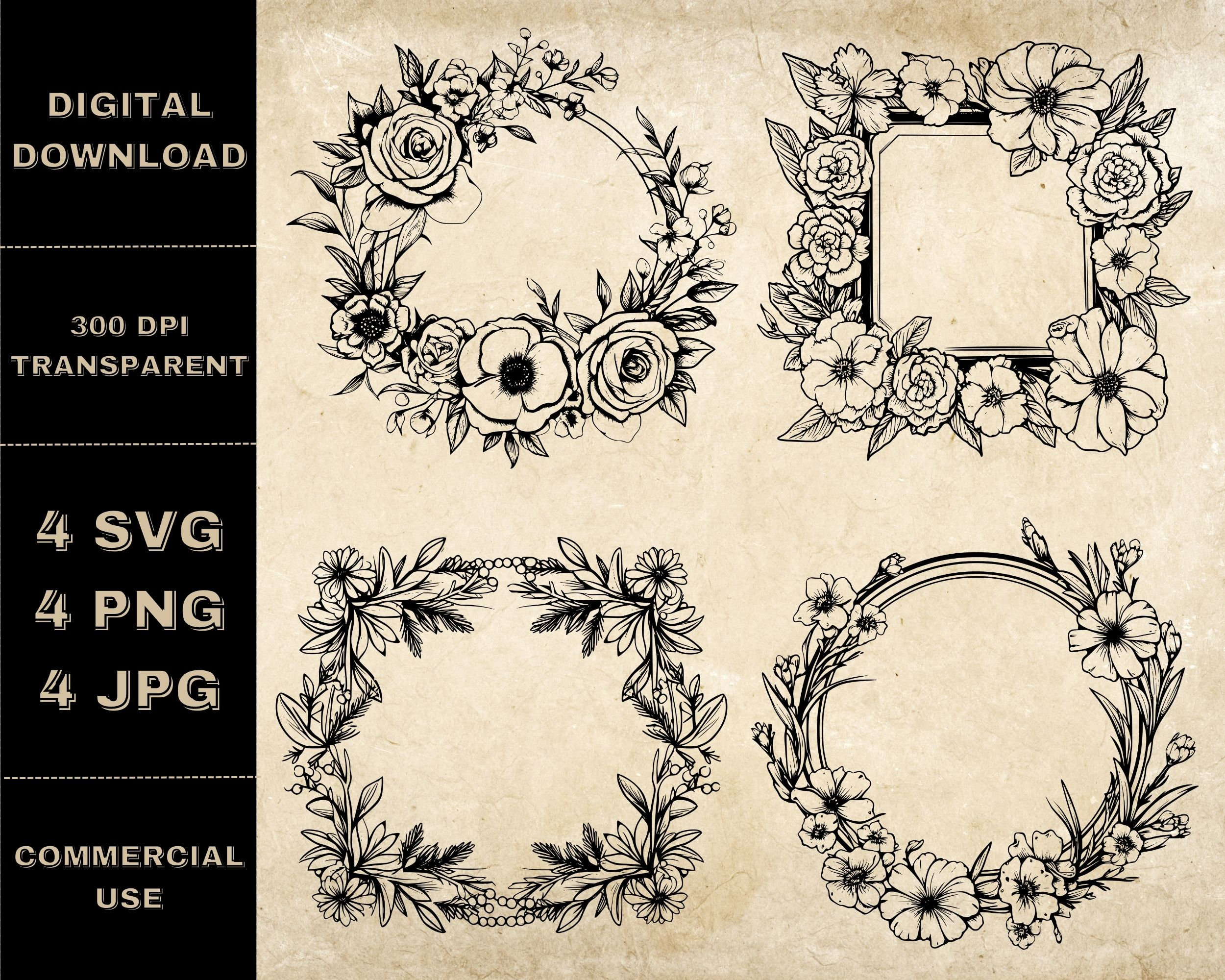 Floral Frame SVG Bundle PNG Flower Frame Clipart Hand Drawn - Etsy