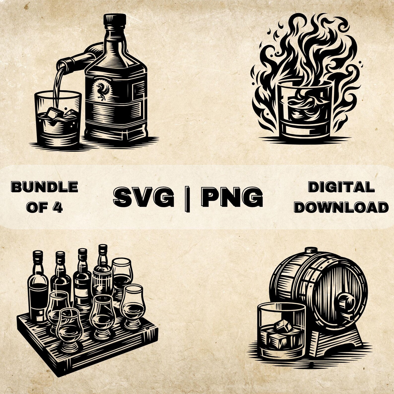 Whiskey SVG Bundle, Whiskey Bottle and Glass Clipart, Hand Drawn ...