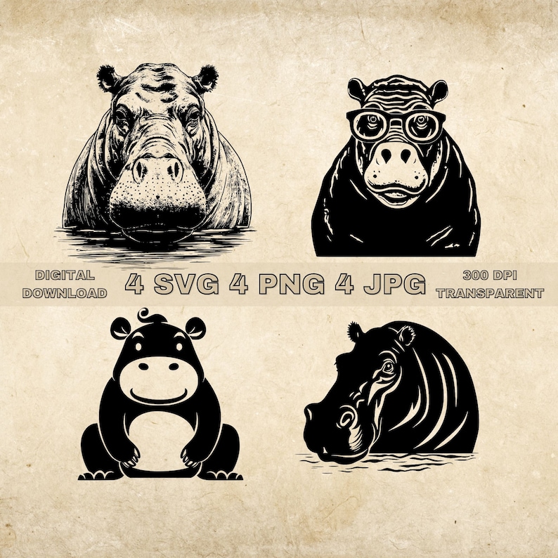 Hippo SVG Bundle, PNG, Hippopotamus Clipart, Hand Drawn Hippos Vector ...