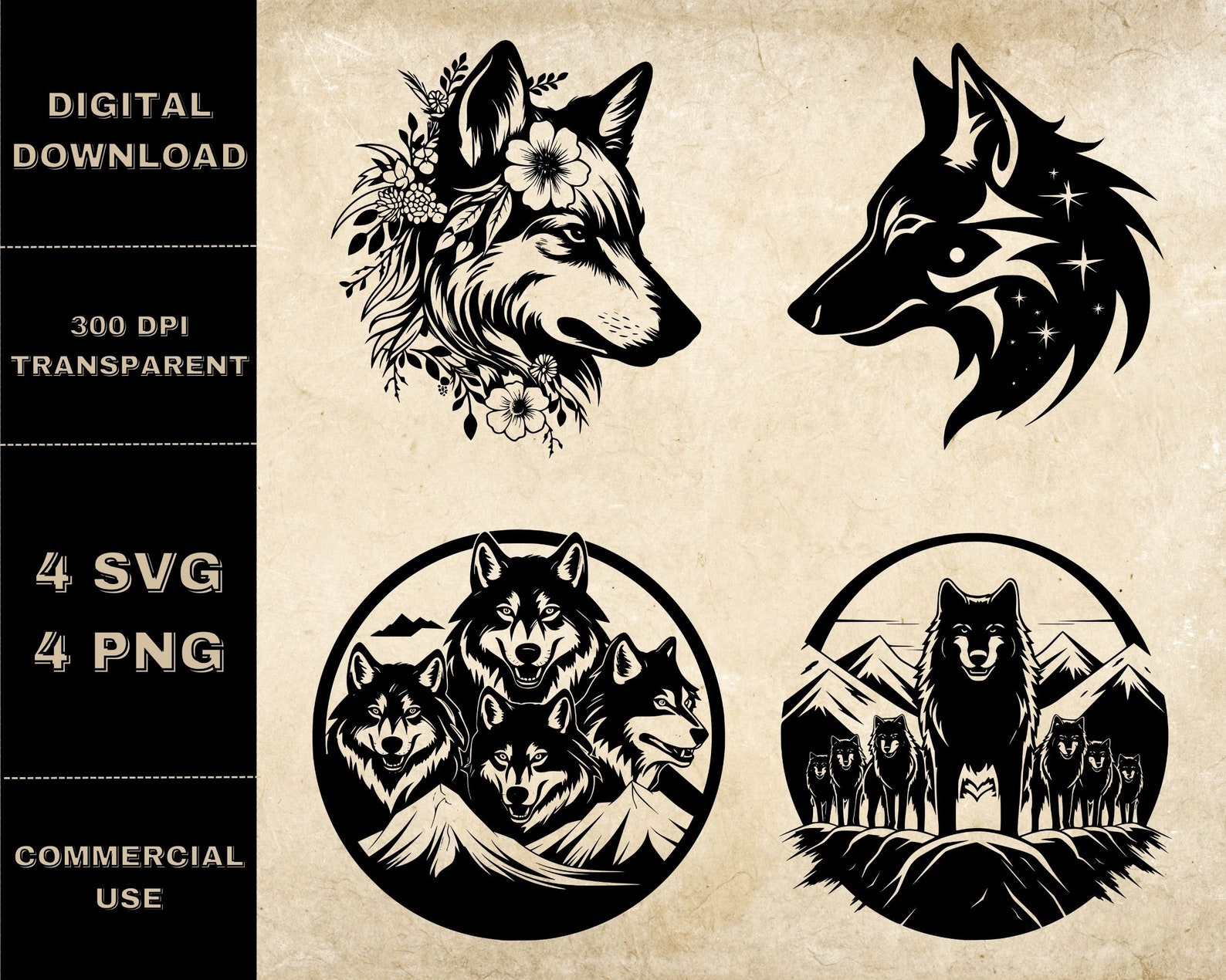 Wolf Pack SVG Bundle, PNG, Wolves Clipart, Hand Drawn Wolf Vector ...