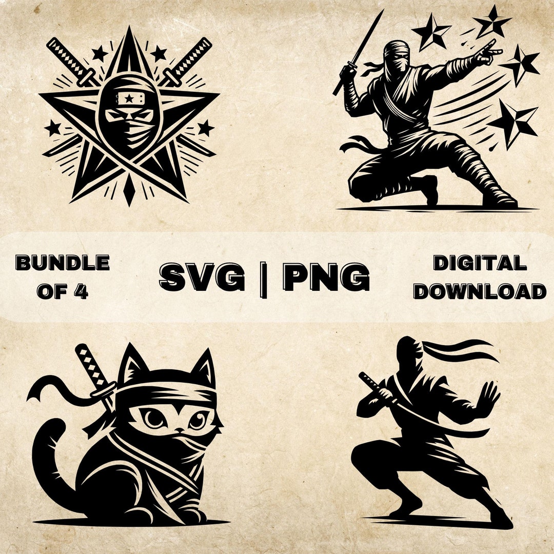 Ninja Warrior SVG Bundle, Ninja Stars Clipart, Hand Drawn Ninja Theme ...