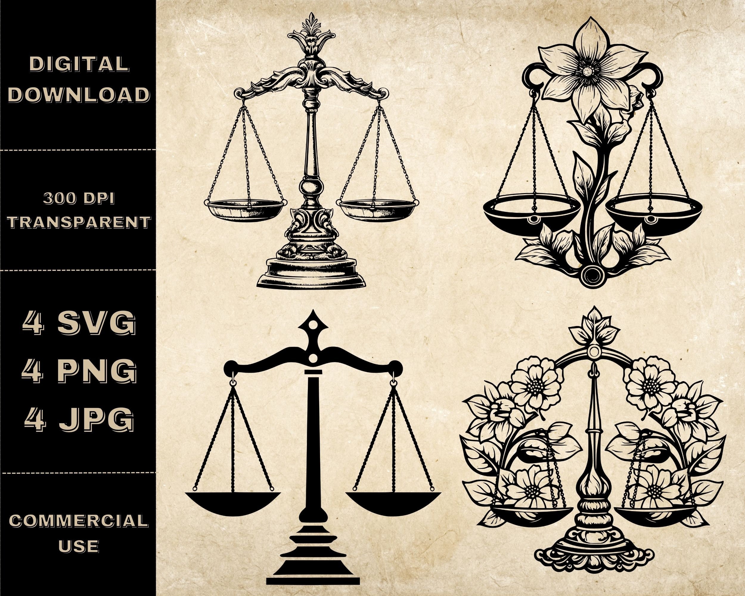 Scale of Justice SVG Bundle, PNG, Lawyer Clipart, Hand Drawn Weight ...