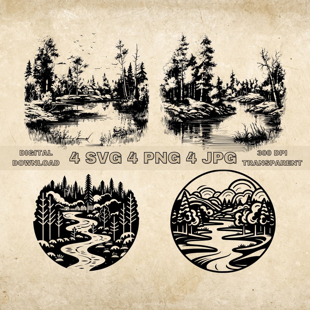 River Scene SVG Bundle, PNG, Lake Forest Clipart, Hand Drawn Vector ...