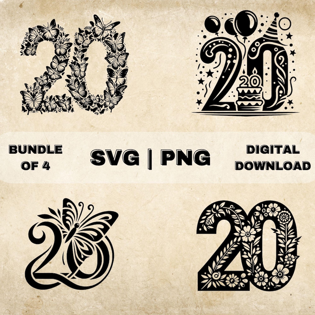 Number 20 SVG Bundle, 20th Birthday Clipart, Hand Drawn Twenty Themed ...