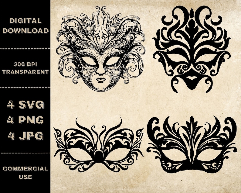 Mardi Gras Mask SVG Bundle, PNG, Carnival Clipart, Hand Drawn ...