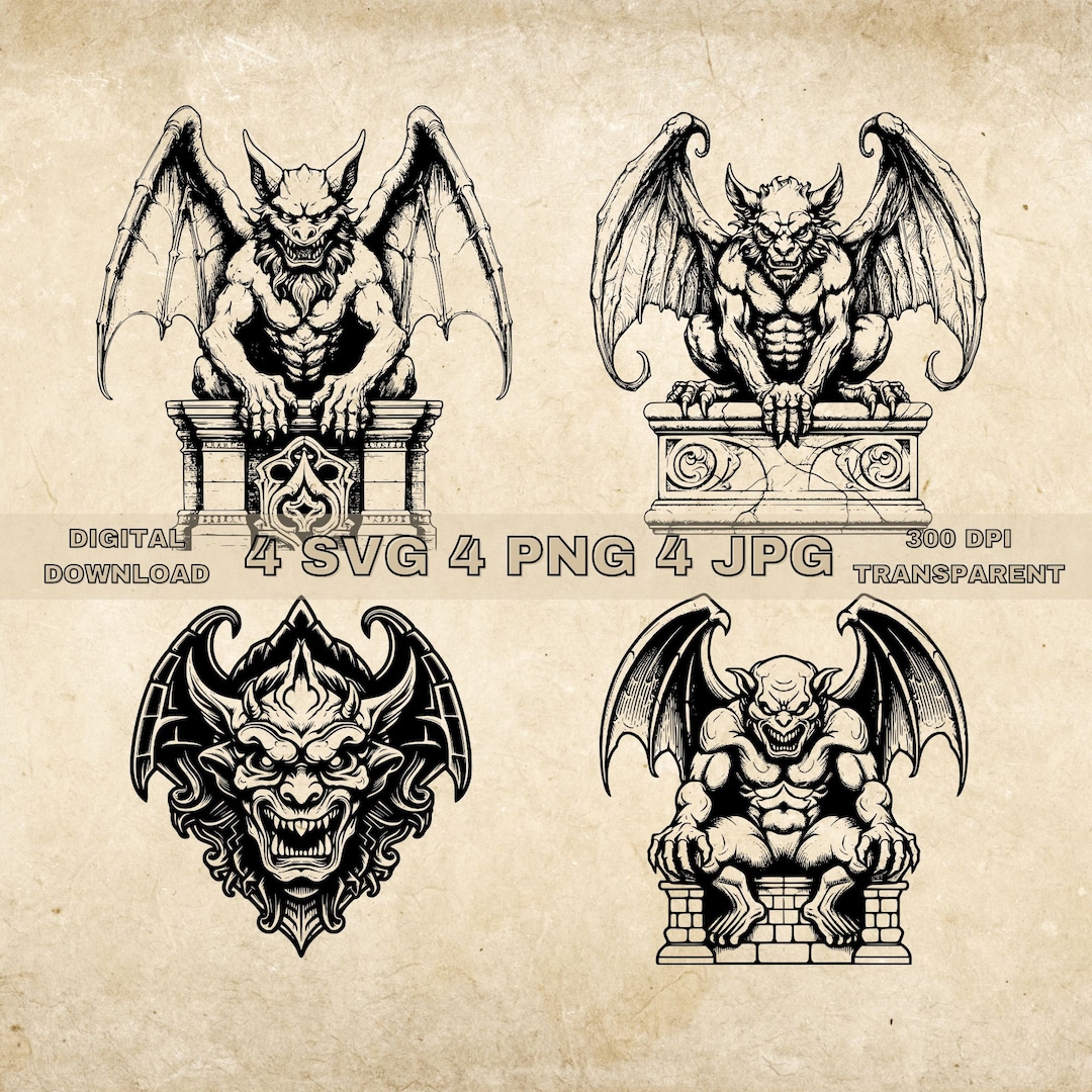Gargoyle SVG Bundle, PNG, Gothic Clipart, Hand Drawn Gargoyle Vector ...