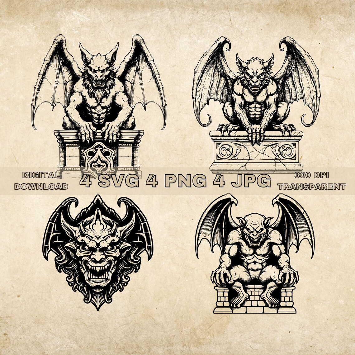 Gargoyle SVG Bundle, PNG, Gothic Clipart, Hand Drawn Gargoyle Vector ...