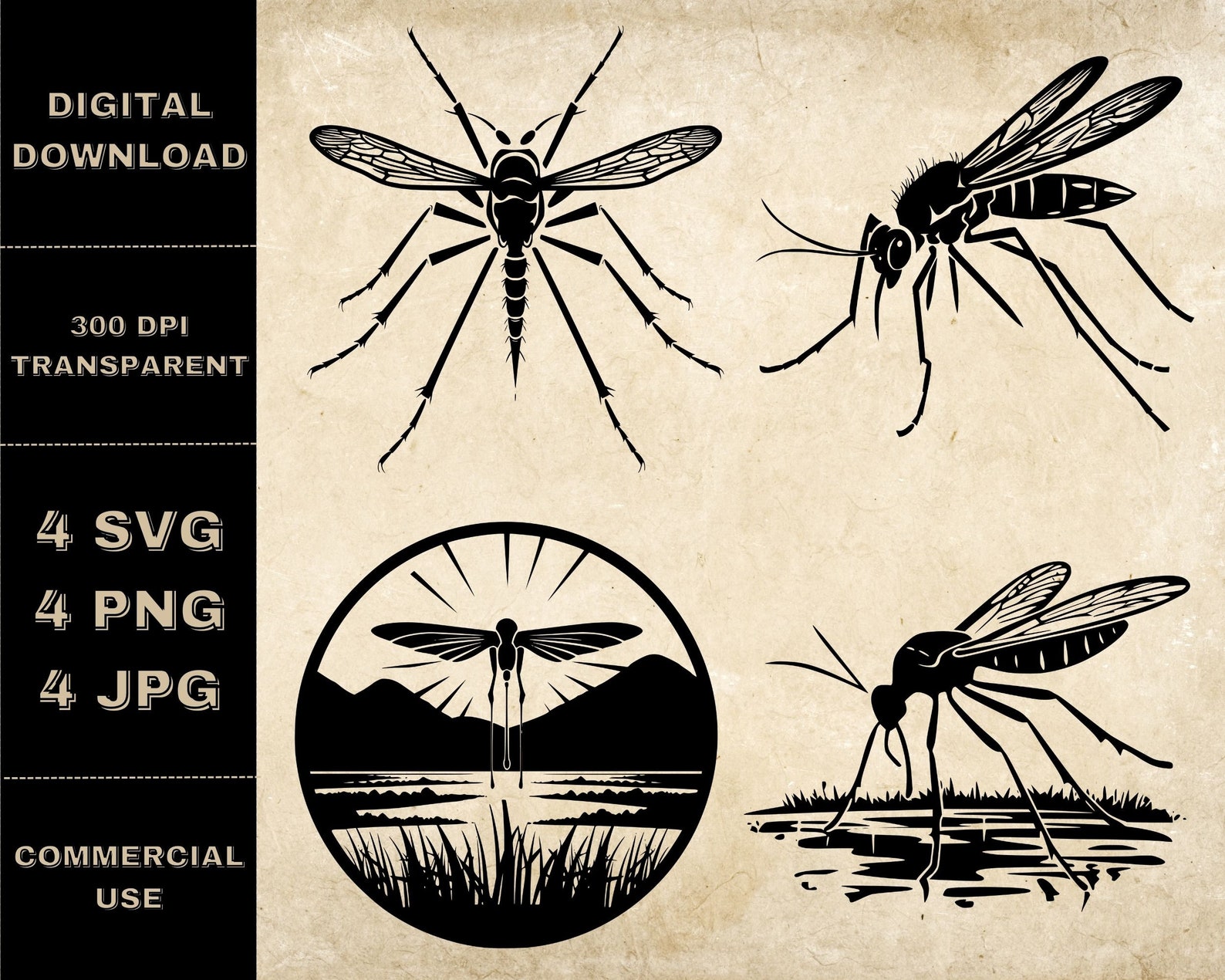 Mosquito SVG Bundle, PNG, Insect Clipart, Hand Drawn Mosquito Vector ...