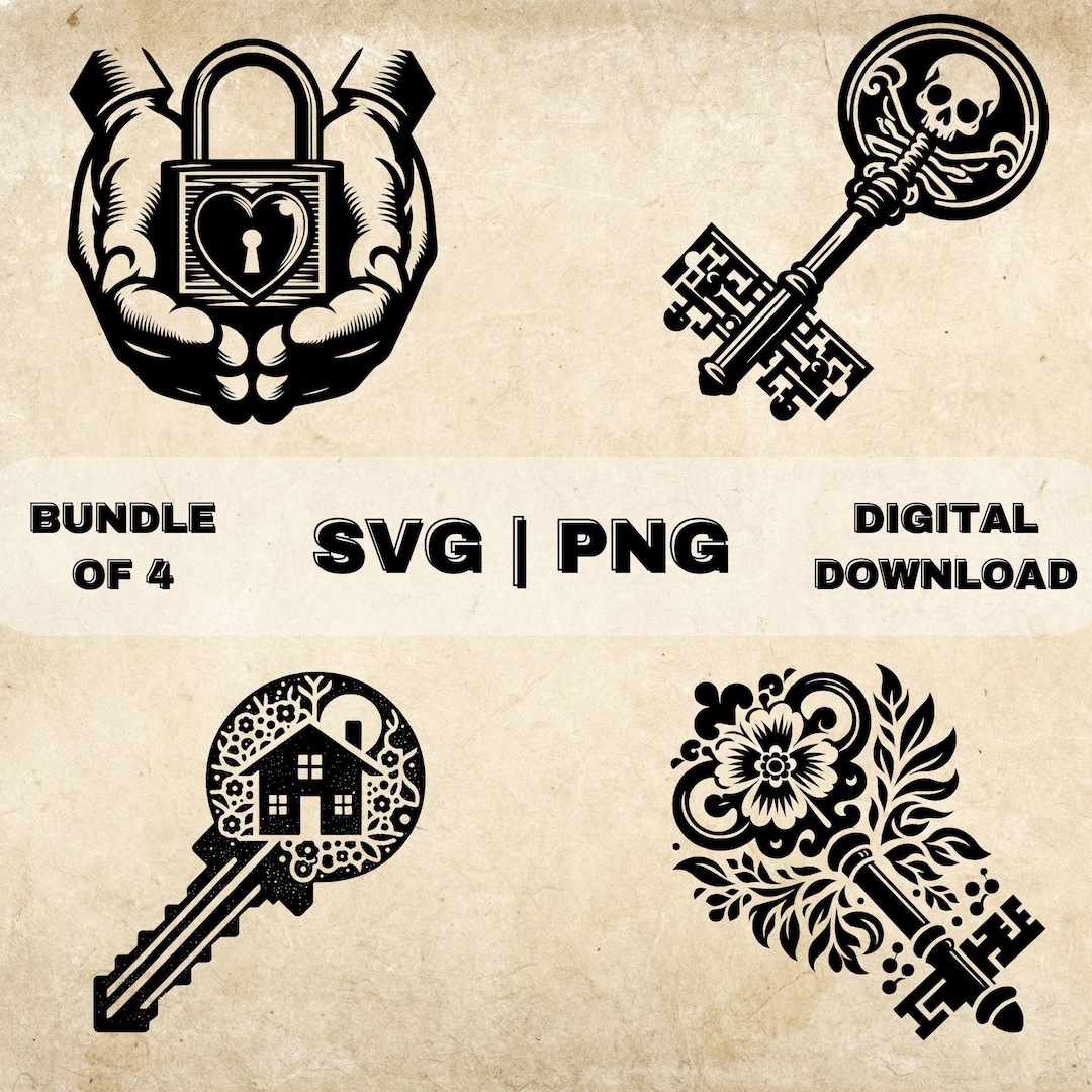 Floral Key SVG Bundle, House Key and Lock Clipart, Hand Drawn Keys ...