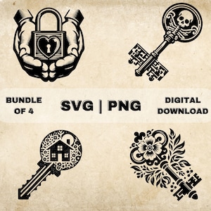 Floral Key SVG Bundle, House Key and Lock Clipart, Hand Drawn Keys ...