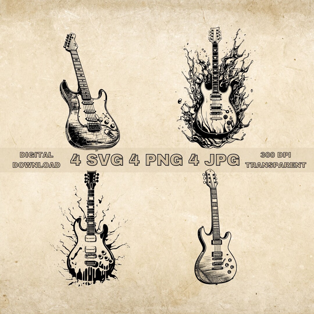 Electric Guitar SVG Bundle, PNG, Guitarist Clipart, Hand Drawn Electric ...