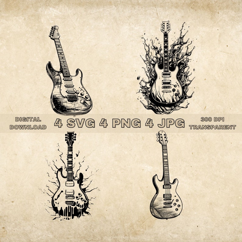 Electric Guitar SVG Bundle PNG Guitarist Clipart Hand Drawn - Etsy