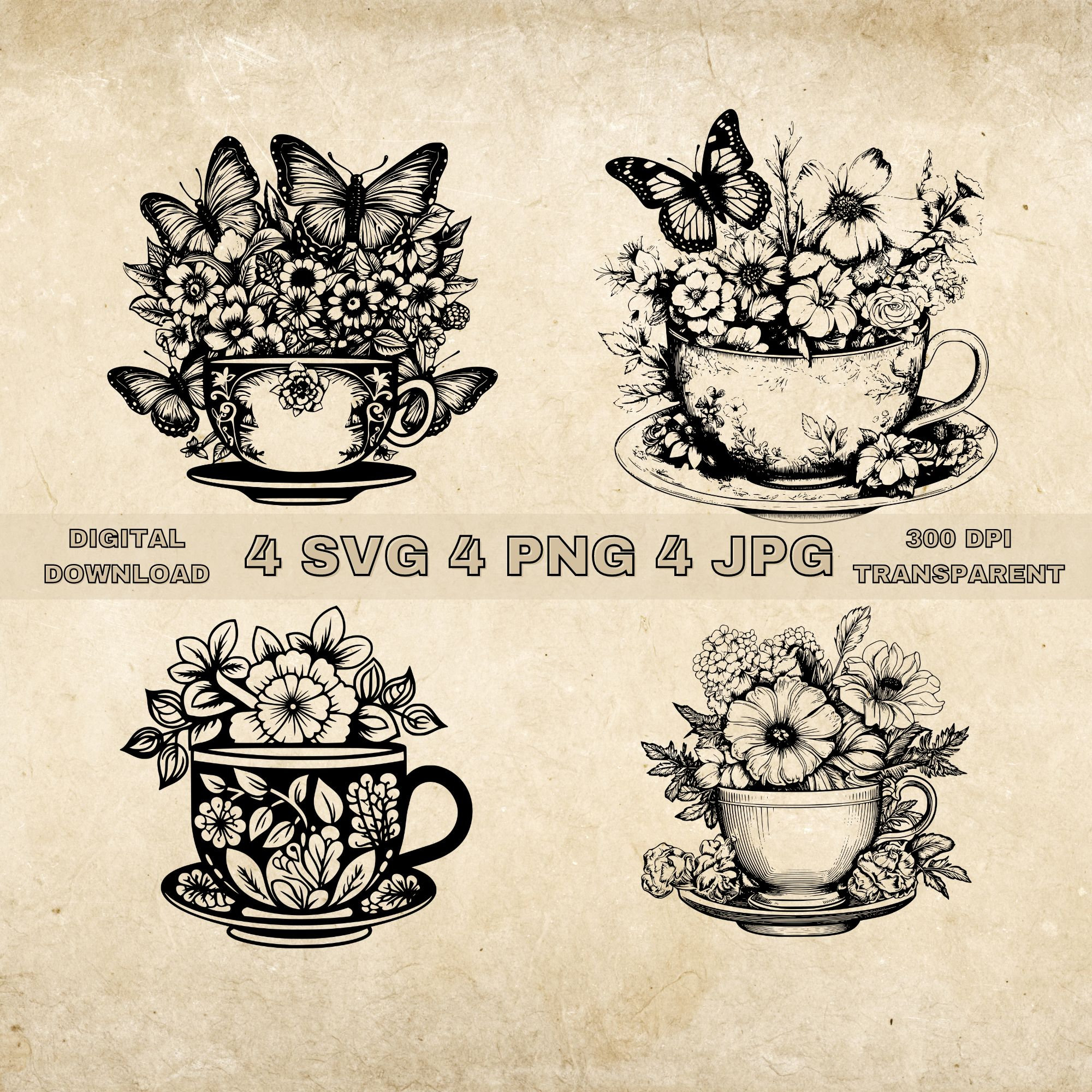Teacup SVG Bundle, PNG, Flowers and Butterflies Clipart Cut Files ...