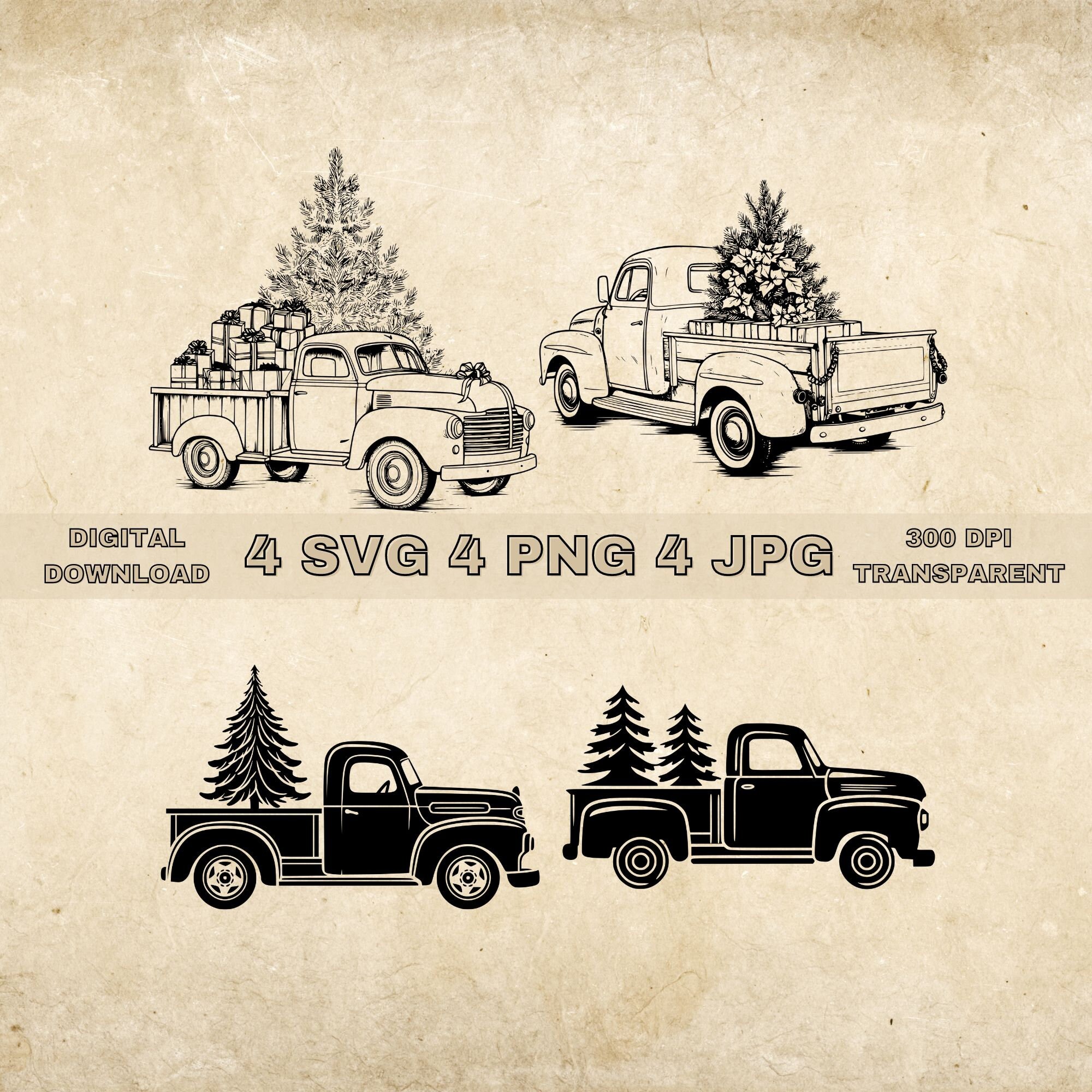 Christmas Truck SVG Bundle, PNG, Christmas Themed Clipart, Hand Drawn ...