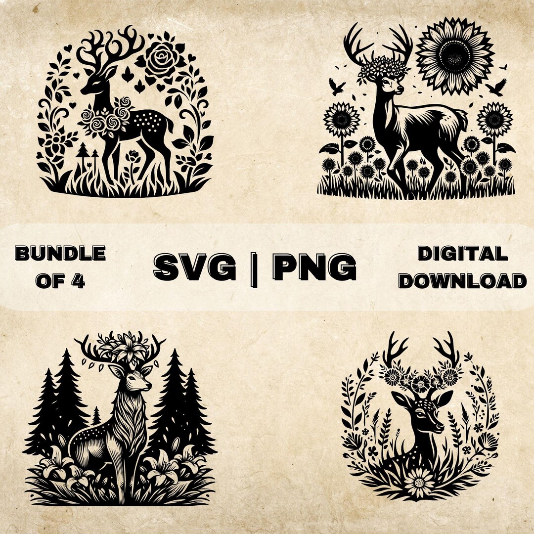 Deer SVG Bundle, Nature Animal Clipart, Hand Drawn Deers Themed Vector ...