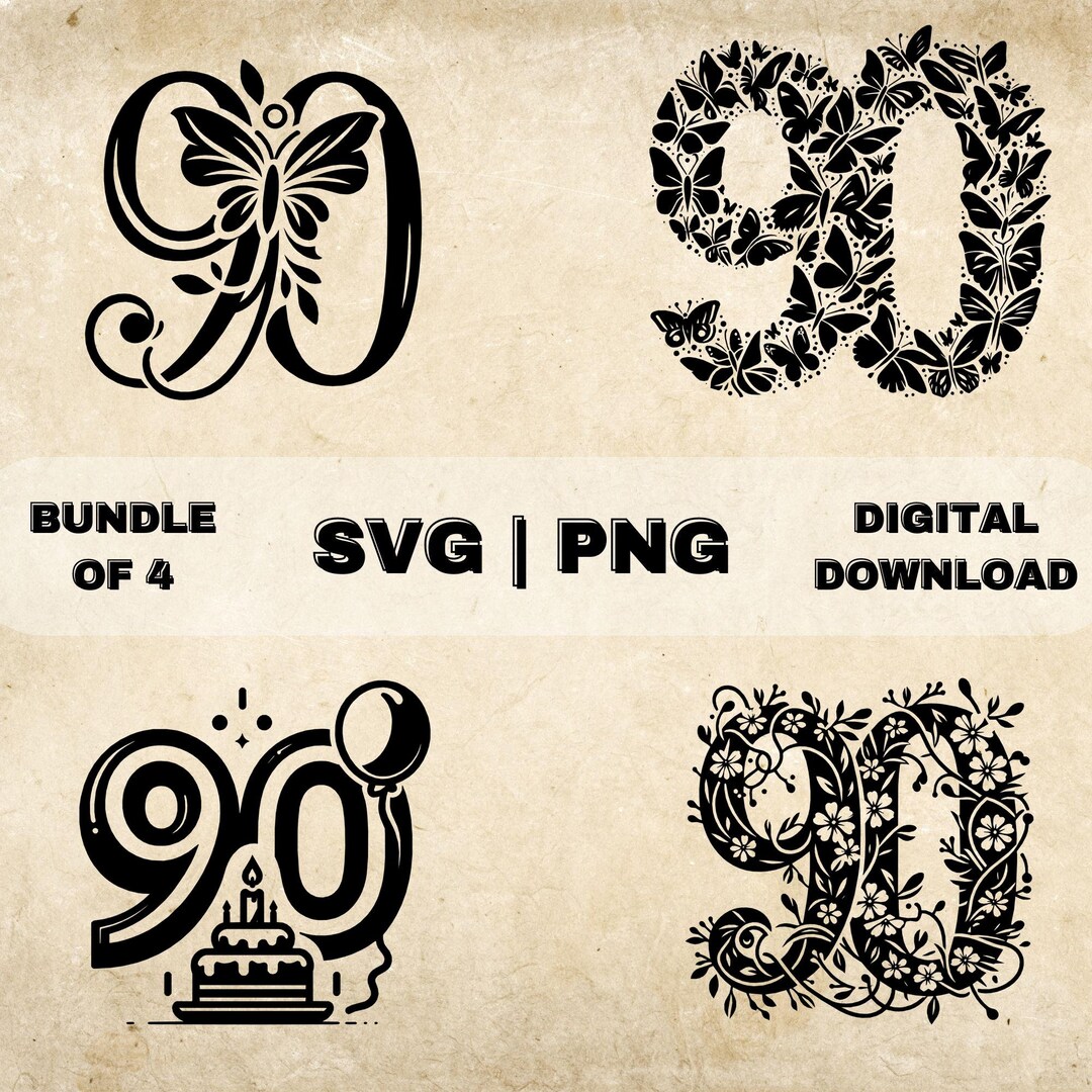 Number 90 SVG Bundle, 90th Birthday Clipart, Hand Drawn Ninety Themed ...