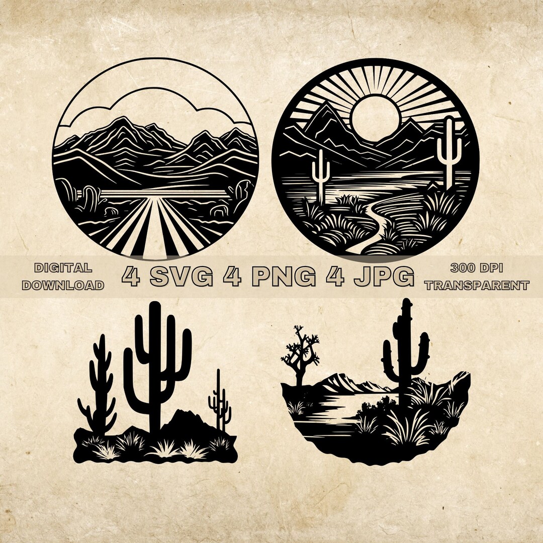 Desert Scene SVG Bundle, PNG, Cactus Clipart, Hand Drawn Desert ...