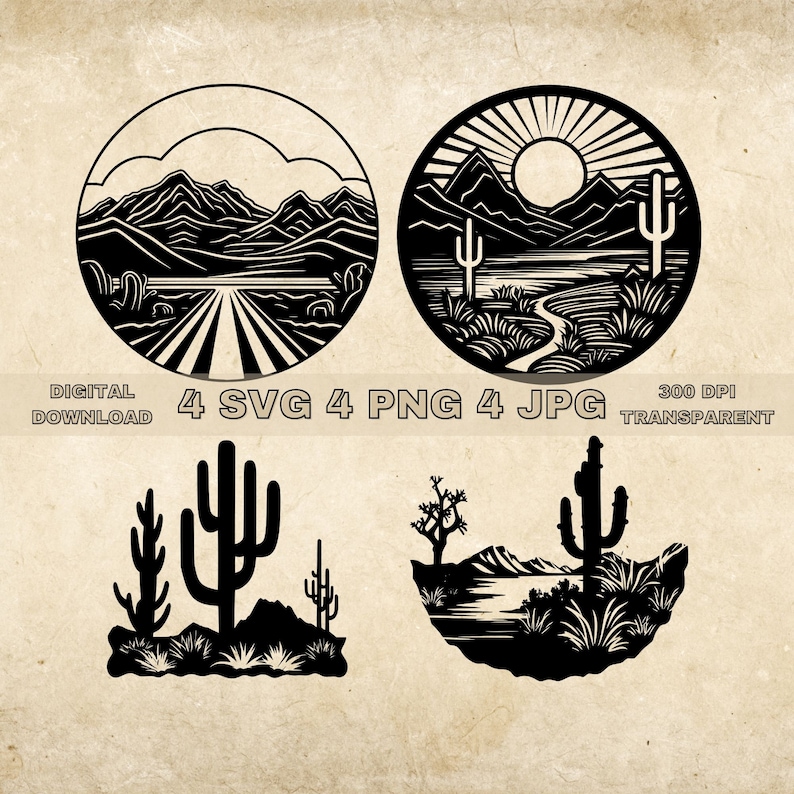 Desert Scene SVG Bundle, PNG, Cactus Clipart, Hand Drawn Desert ...