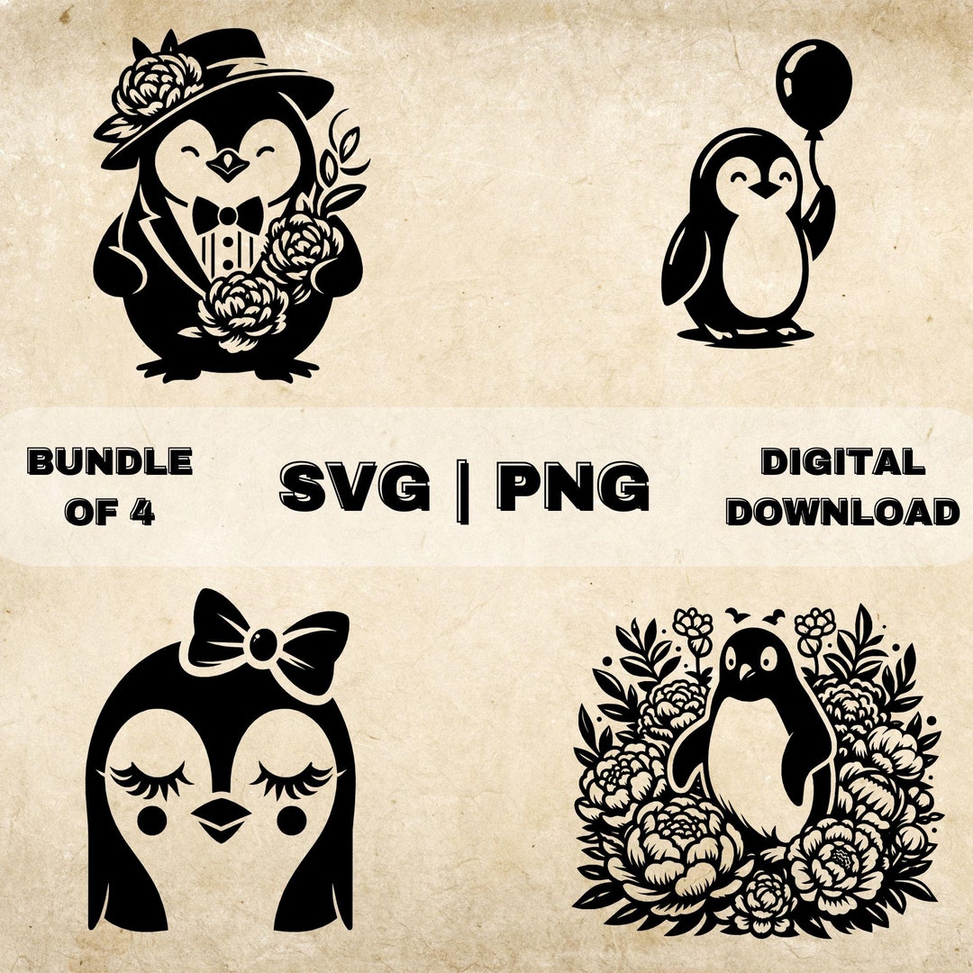 Penguin SVG Bundle, Cute Penguins Clipart, Hand Drawn Floral Animal ...