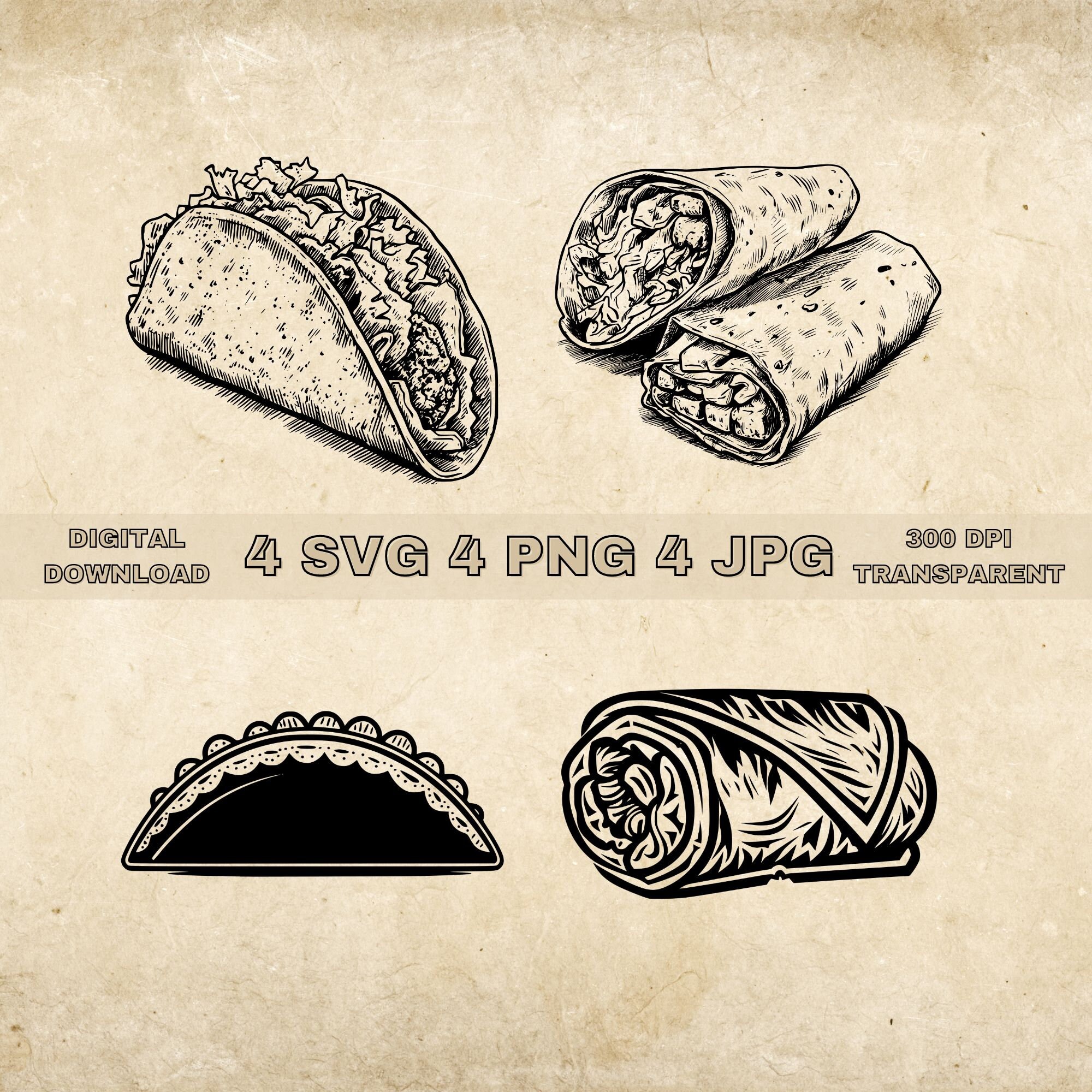 Taco SVG Bundle PNG Burrito Clipart Hand Drawn Mexican Food - Etsy ...