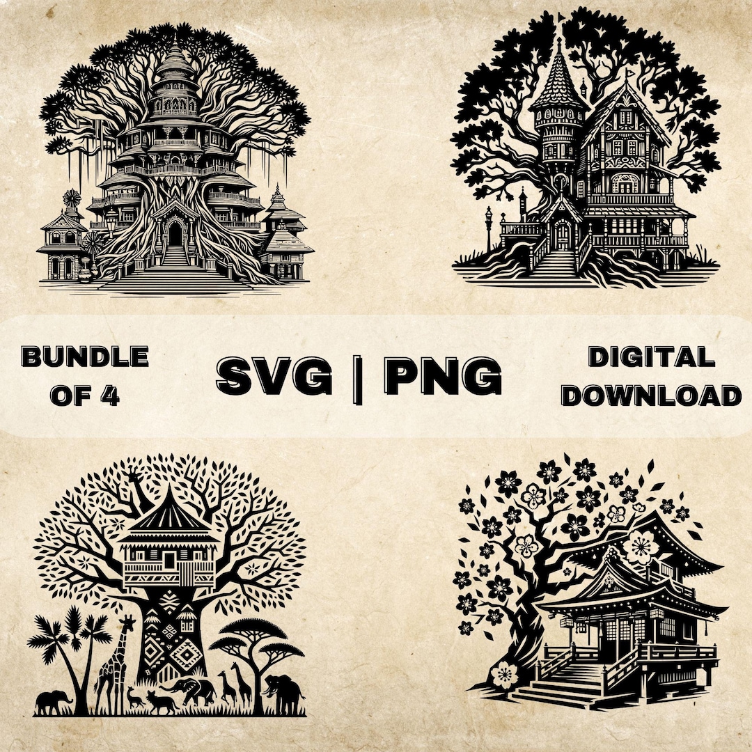 Tree Houses SVG Bundle, PNG, Treehouse Clipart, Hand Drawn Wildlife ...