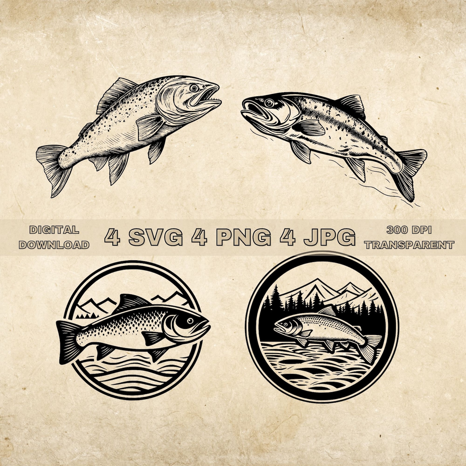Salmon Fish SVG Bundle, PNG, Fishing Clipart, Hand Drawn Fishes Vector ...