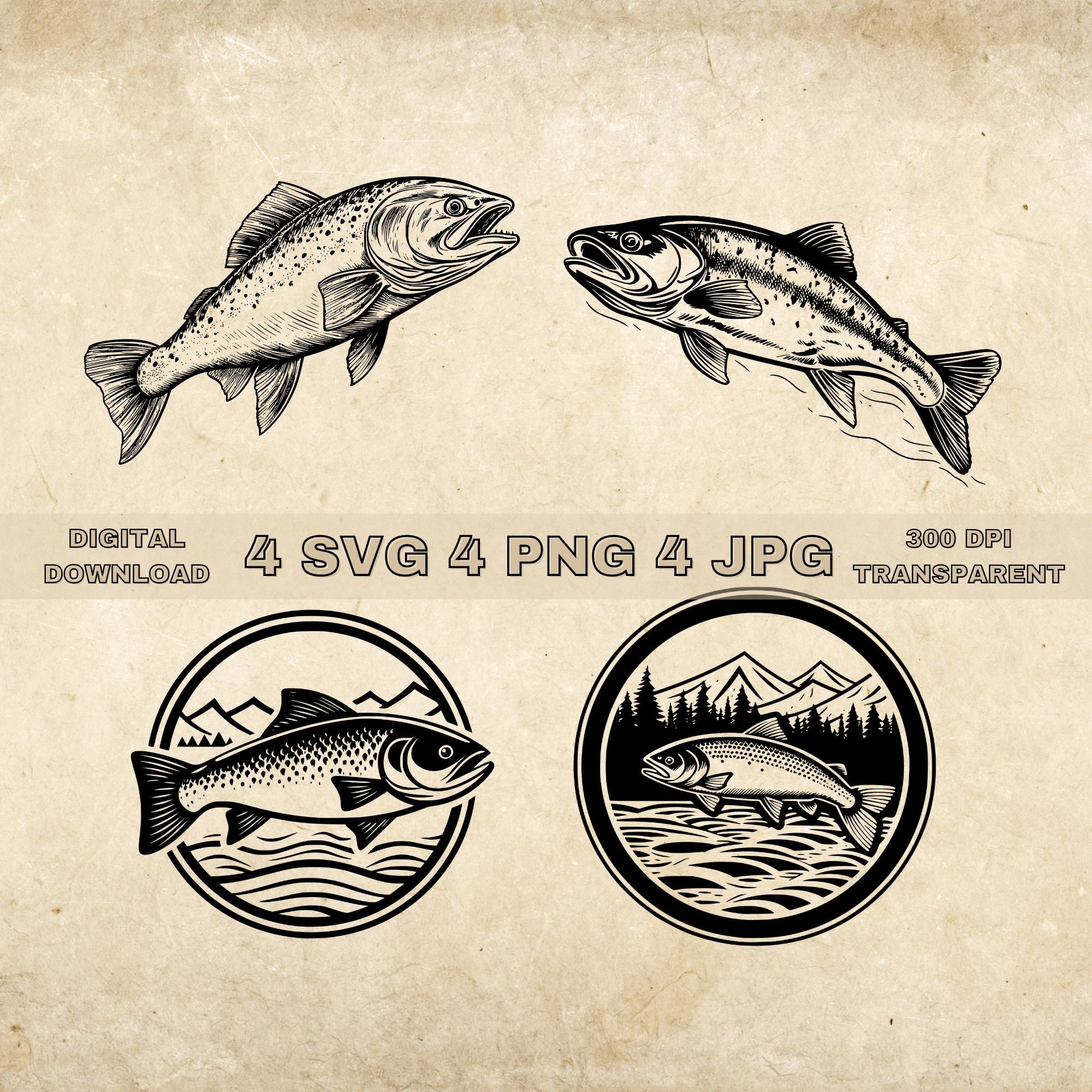 Salmon Fish SVG Bundle, PNG, Fishing Clipart, Hand Drawn Fishes Vector ...