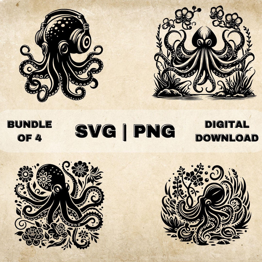 Octopus SVG Bundle, Sea Animal Clipart, Hand Drawn Underwater Themed ...