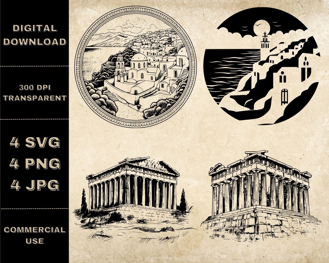 Greece SVG Bundle, PNG, Greek Clipart, Hand Drawn Santorini and ...