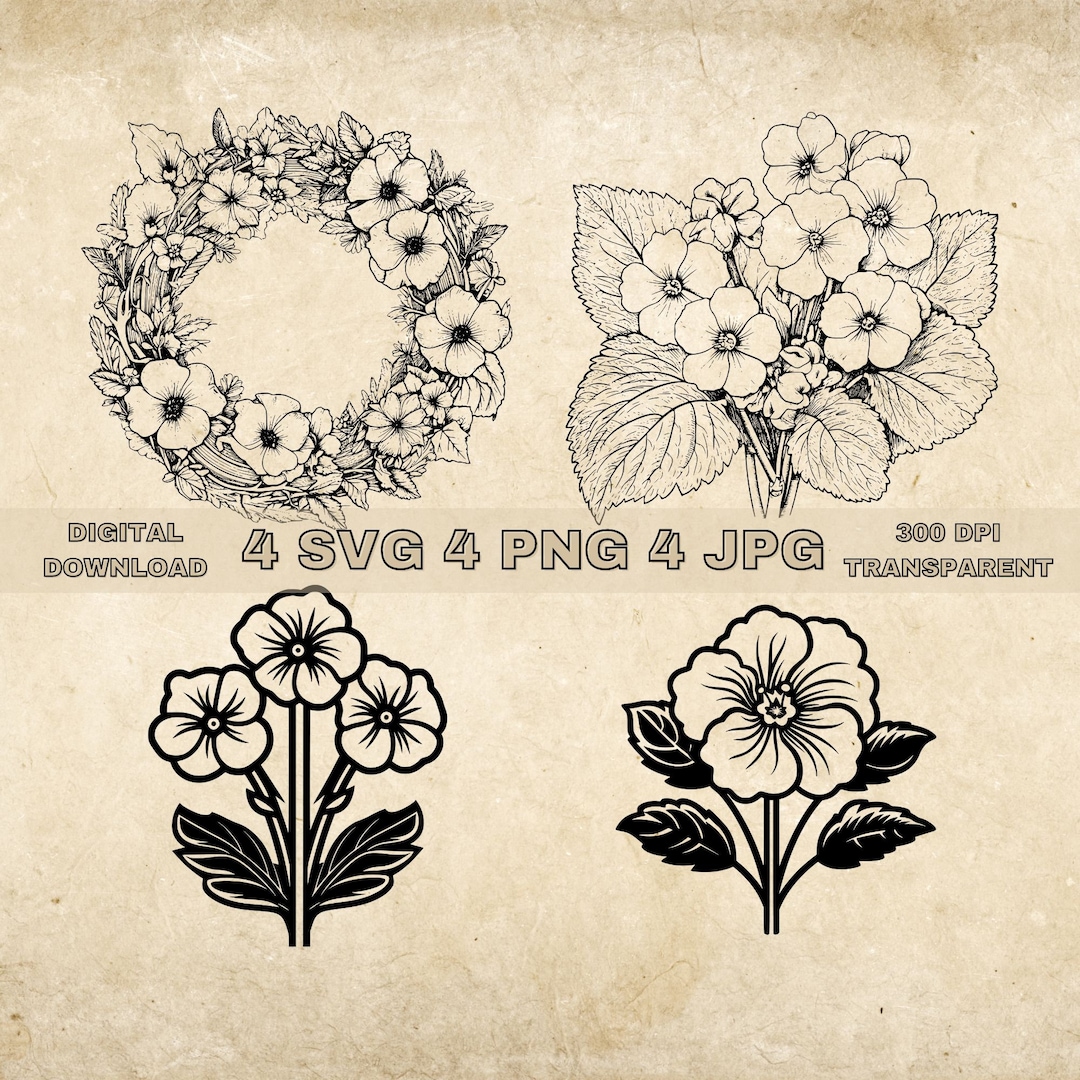 Primrose SVG Bundle, PNG, Floral Clipart, Hand Drawn Flowers Graphic ...