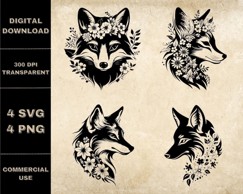 Floral Fox Face SVG Bundle, PNG, Fox Head Clipart, Hand Drawn Foxes and ...